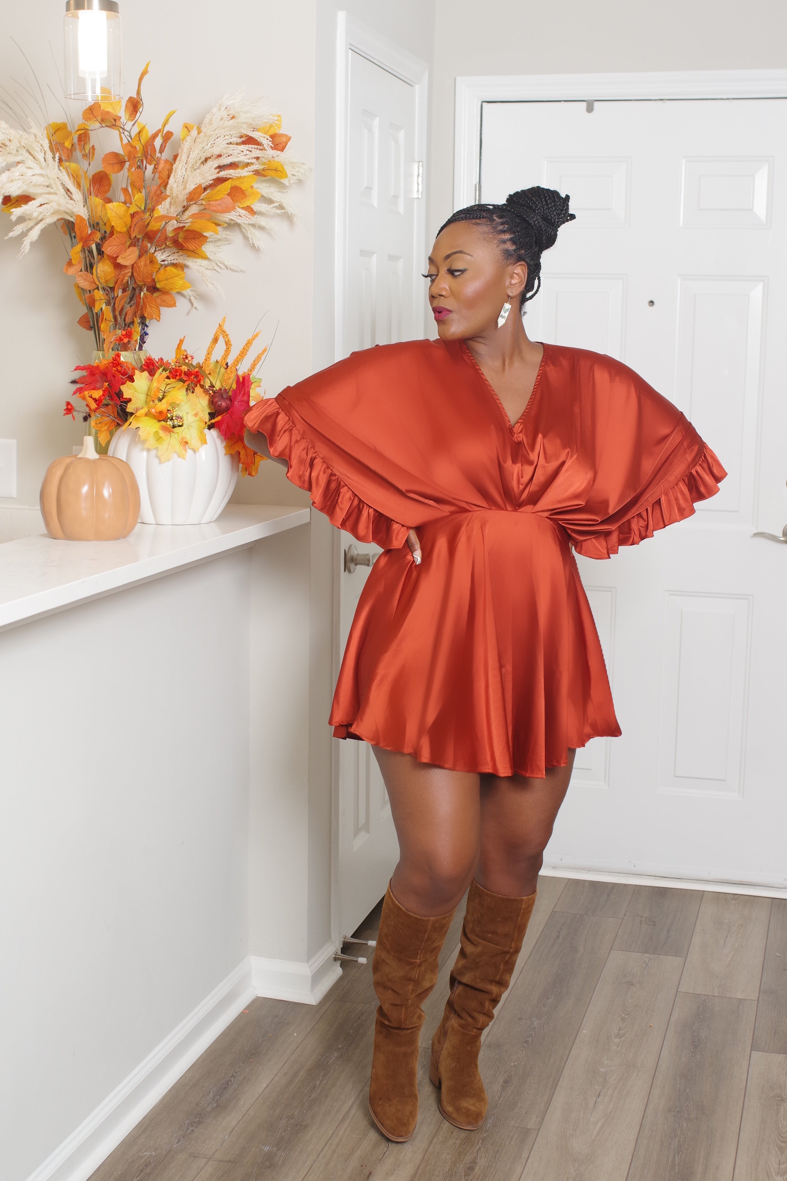 Rust Flirty Flutter Sleeve Dress – Bratty and Bossy